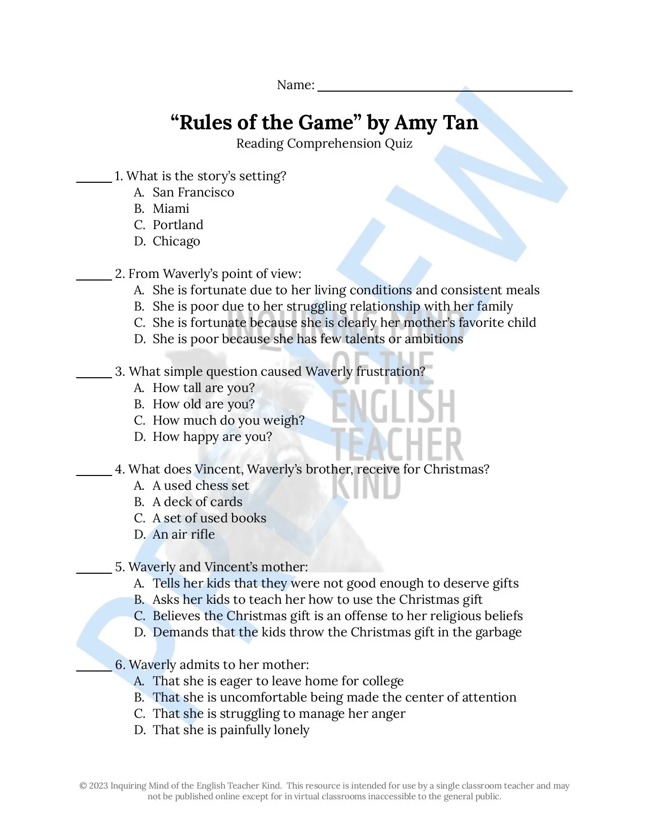 "Rules of the Game" by Amy Tan Quiz, Close Reading, and Vocabulary ...