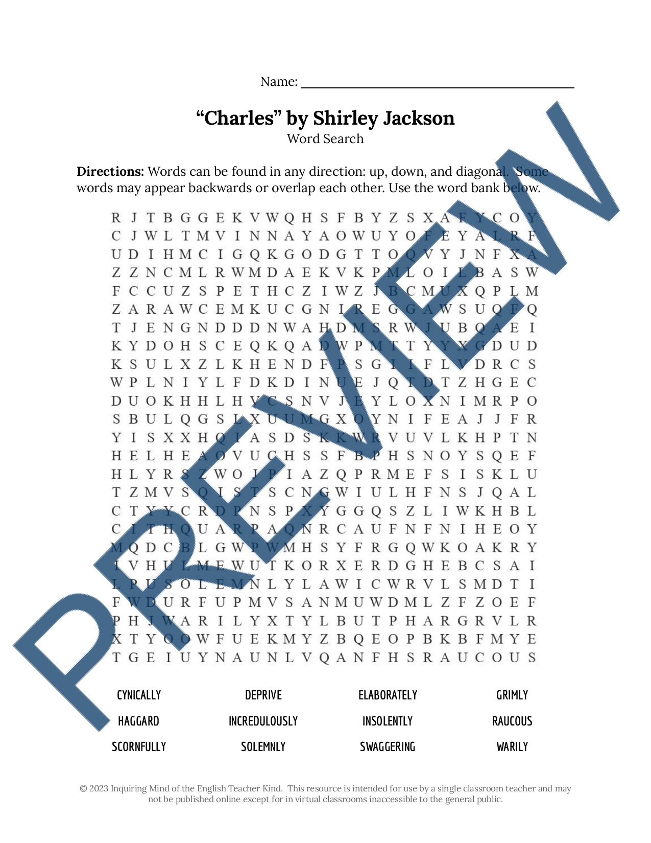 "Charles" by Shirley Jackson Quiz, Close Reading, and Vocabulary Games ...