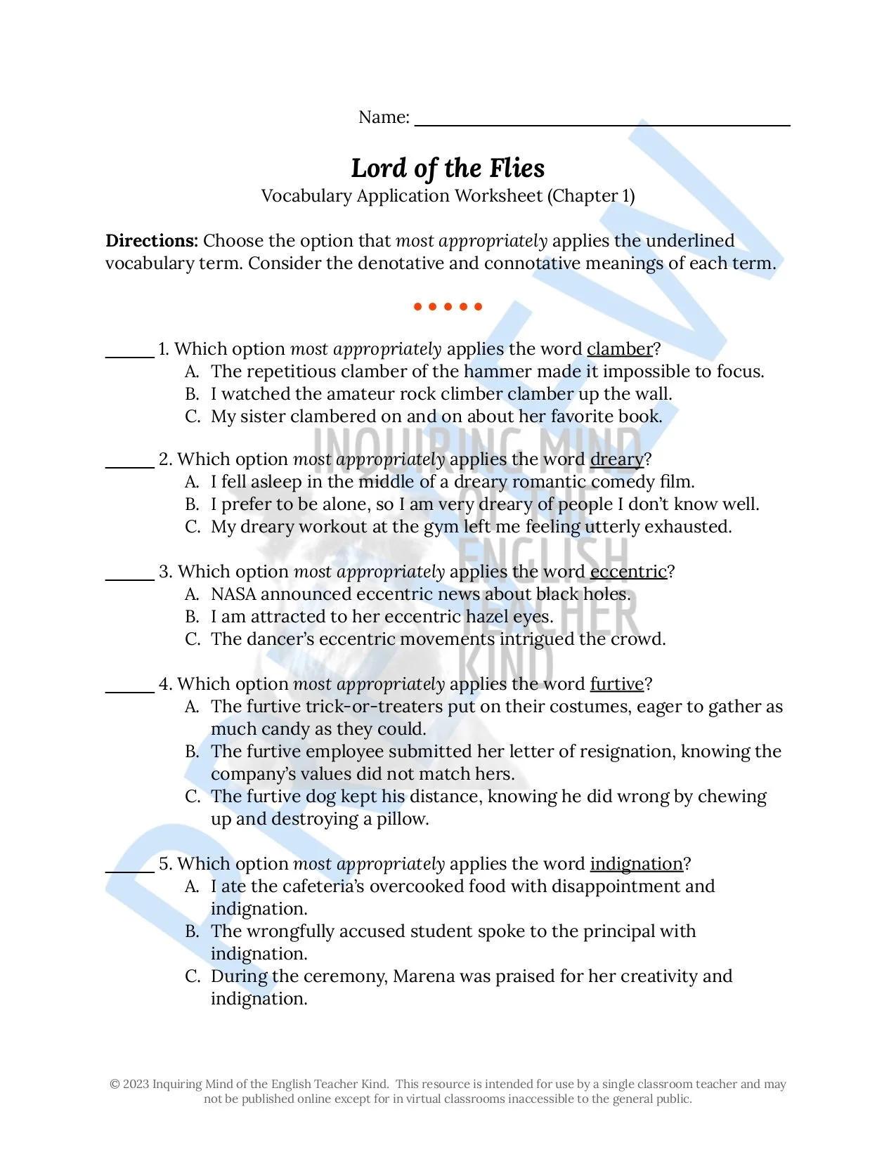 Lord of the Flies Chapter 1 Quiz, Close Reading, and Vocabulary ...