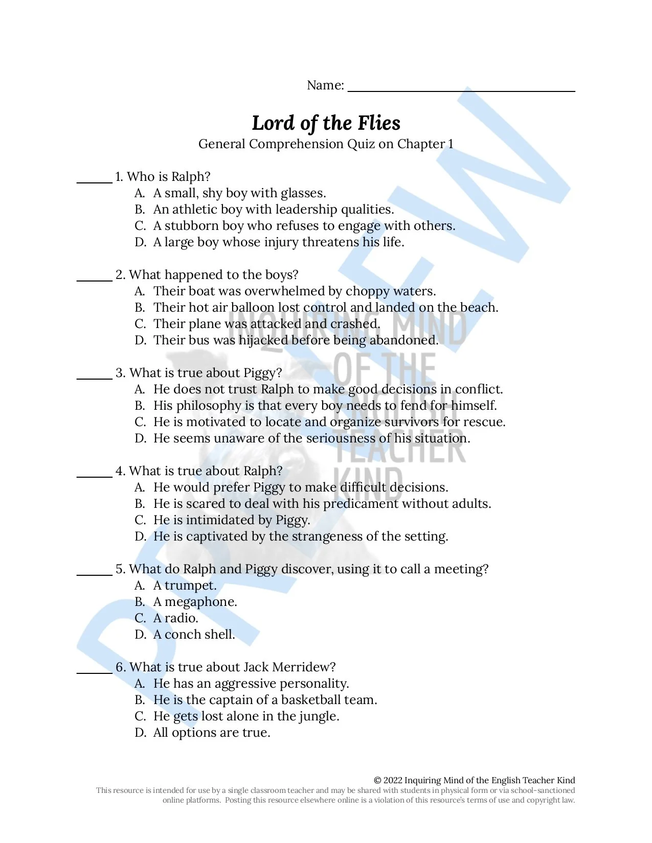 Lord of the Flies Chapter 1 Quiz, Close Reading, and Vocabulary ...