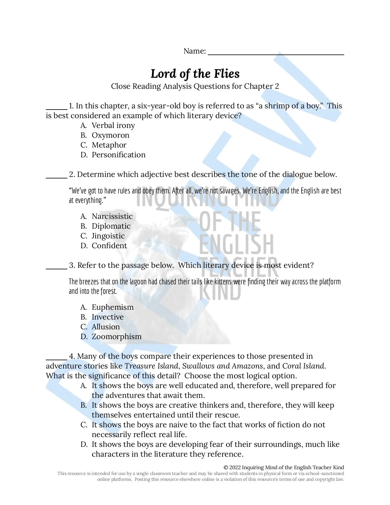 Lord of the Flies Quiz, Close Reading, Vocabulary Game, Test, and ...
