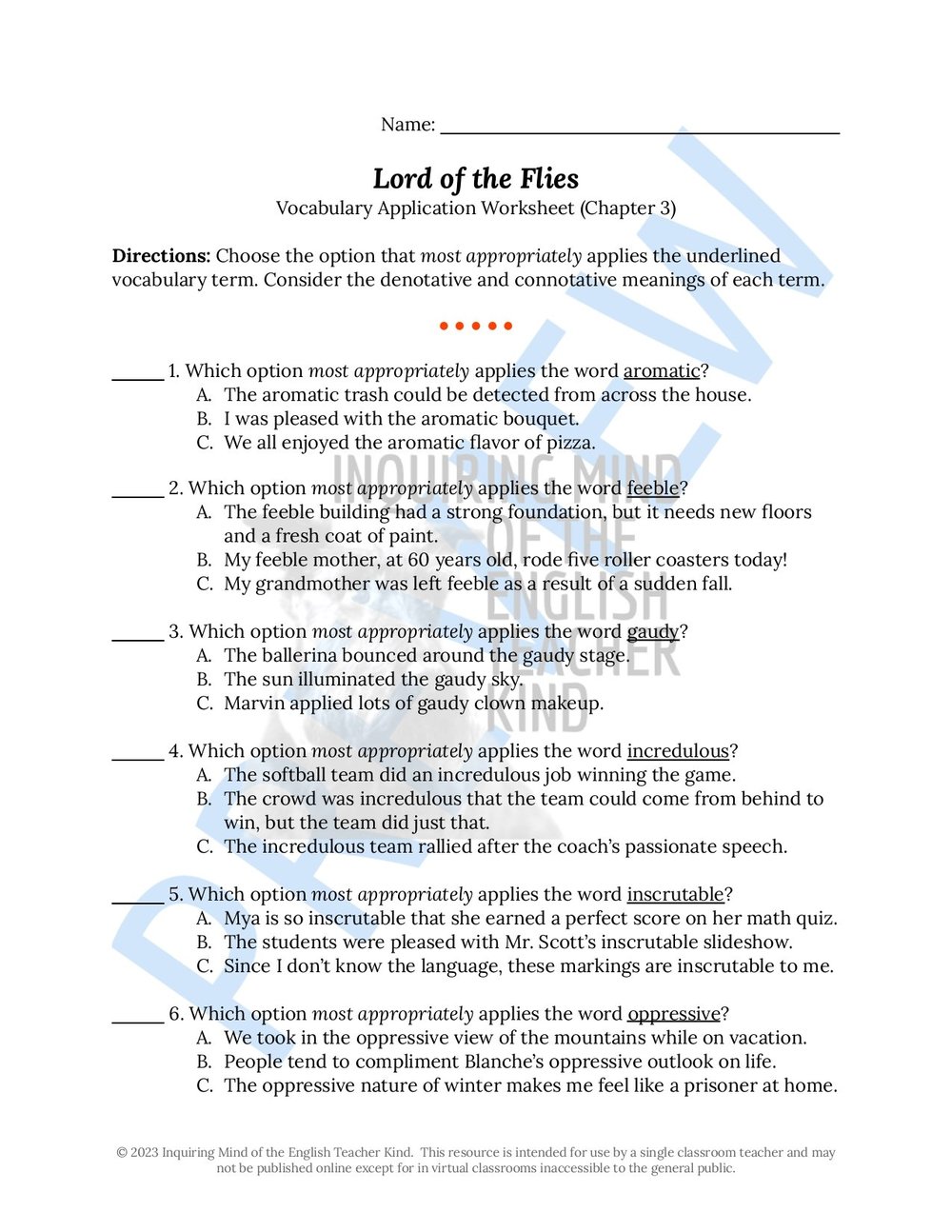 Lord of the Flies Chapter 6 Quiz, Close Reading, and Vocabulary ...
