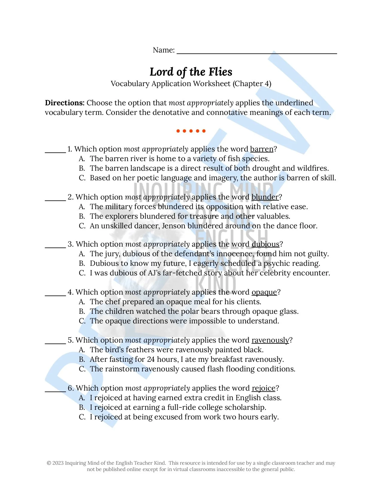 Lord of the Flies Chapter 4 Quiz, Close Reading, and Vocabulary Activities Bundle for High ...