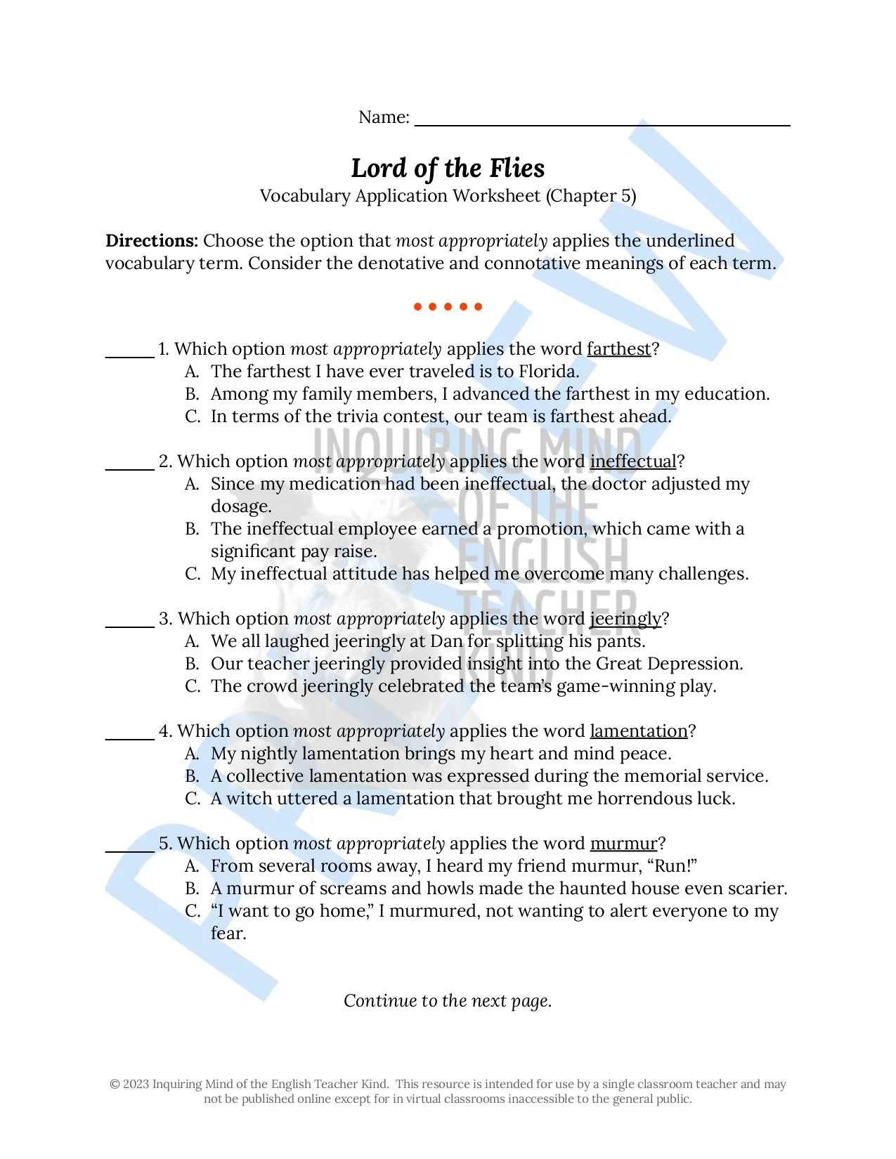 Lord of the Flies Chapter 4 Quiz, Close Reading, and Vocabulary ...