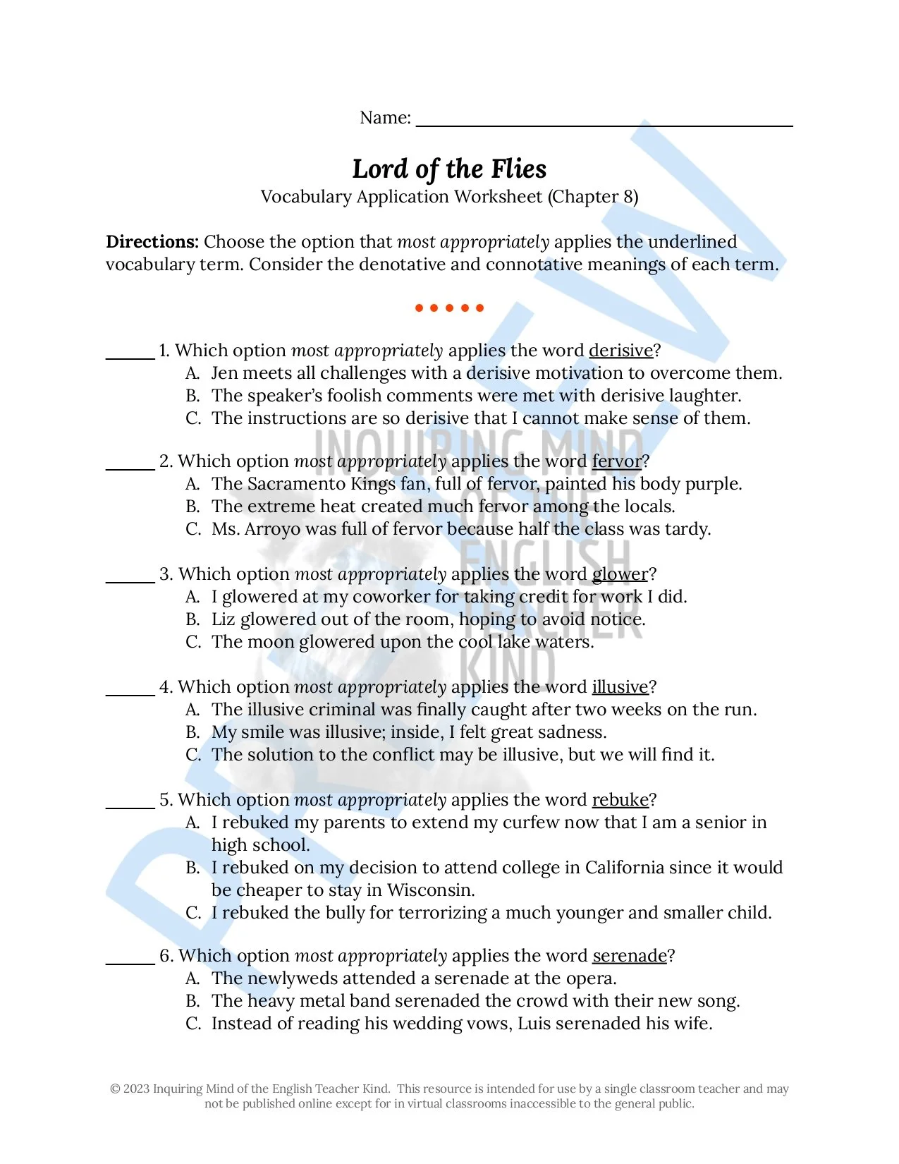 Lord of the Flies Chapter 8 Quiz, Close Reading, and Vocabulary ...