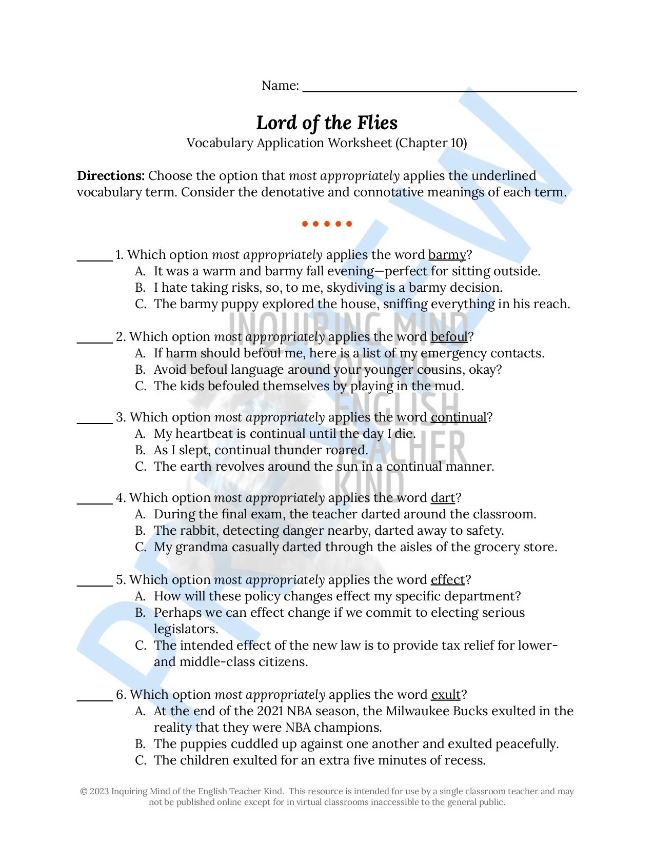 Lord of the Flies Chapter 10 Quiz, Close Reading, and Vocabulary ...