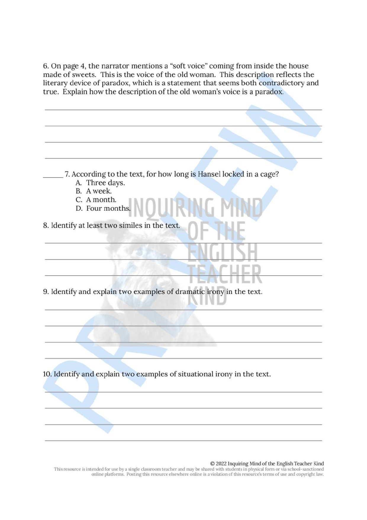 "Hansel and Gretel" by the Brothers Grimm Quiz, Close Reading, and ...
