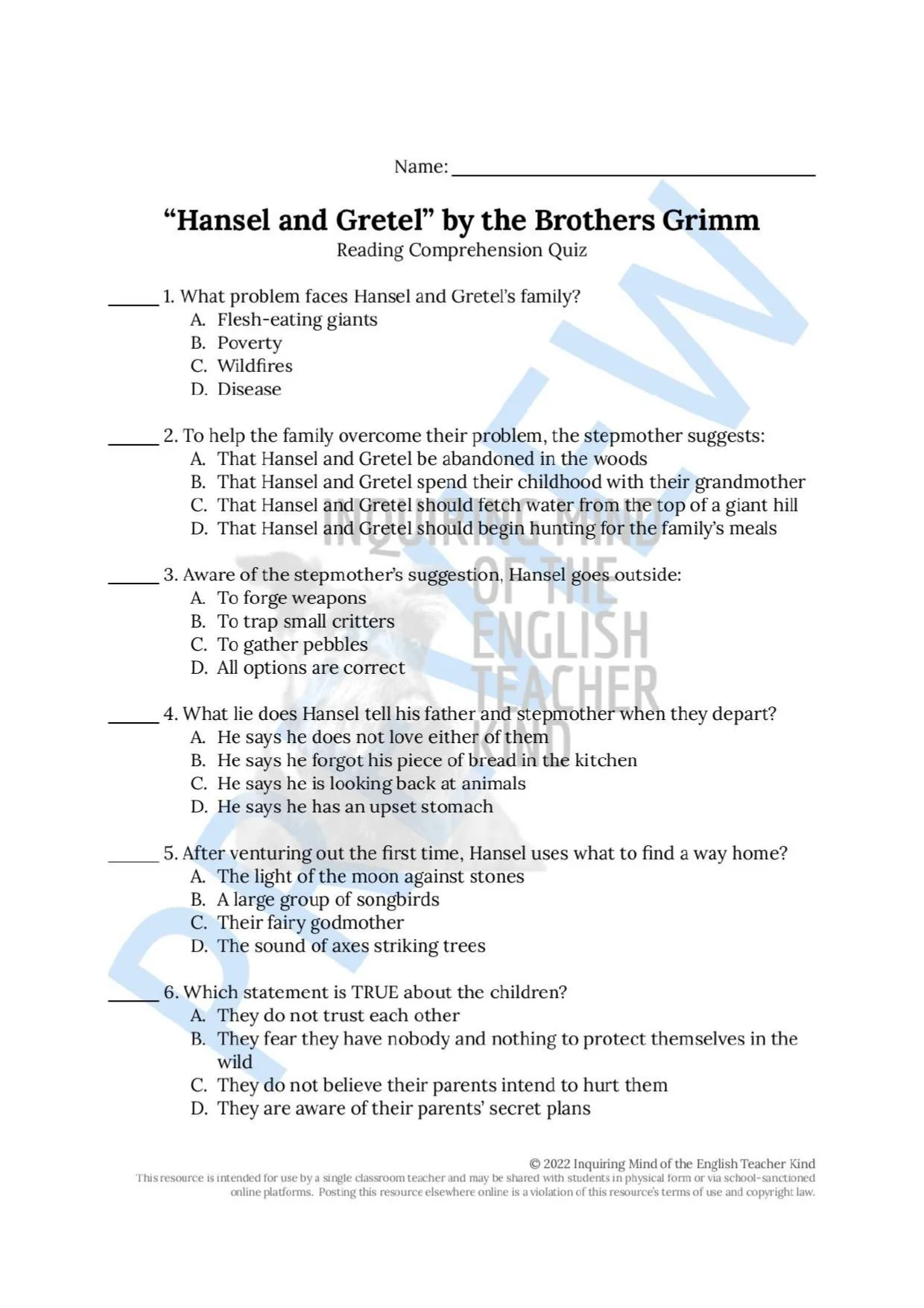 "Hansel and Gretel" by the Brothers Grimm Quiz, Close Reading, and ...