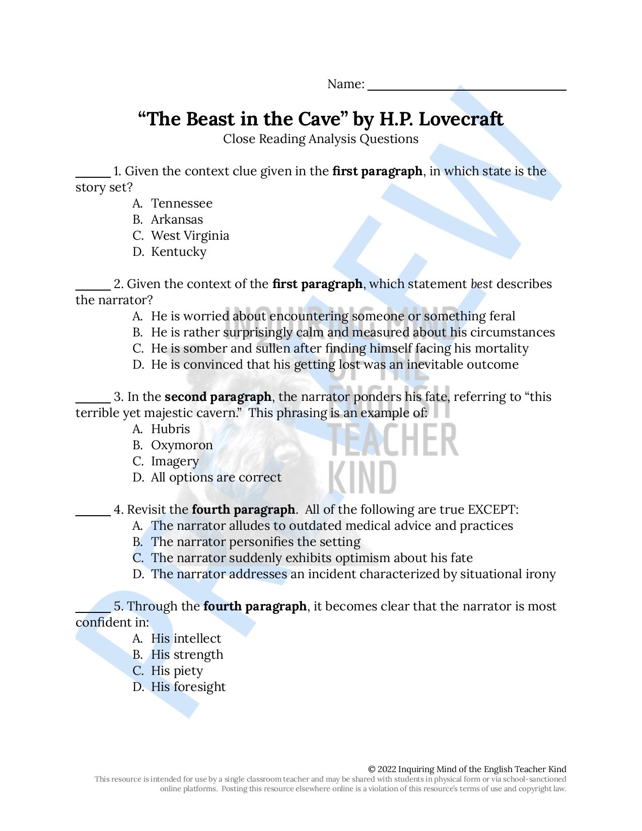 "The Tomb" by H.P. Lovecraft Quiz and Close Reading Worksheet Bundle ...
