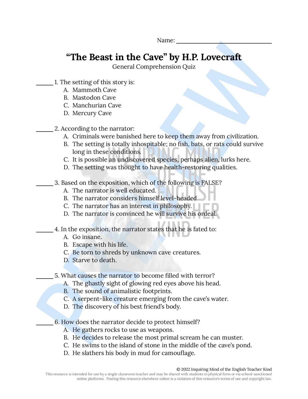 "The Tomb" by H.P. Lovecraft Quiz and Close Reading Worksheet Bundle ...