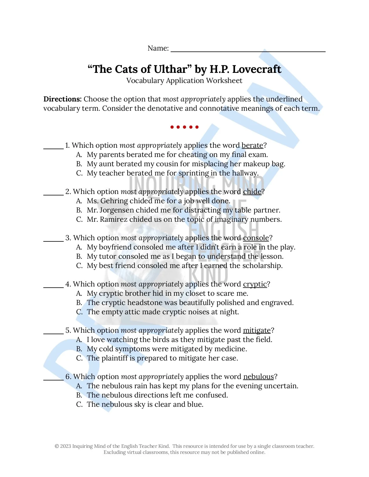 "The Cats of Ulthar" by H.P. Lovecraft Quiz, Close Reading, and ...