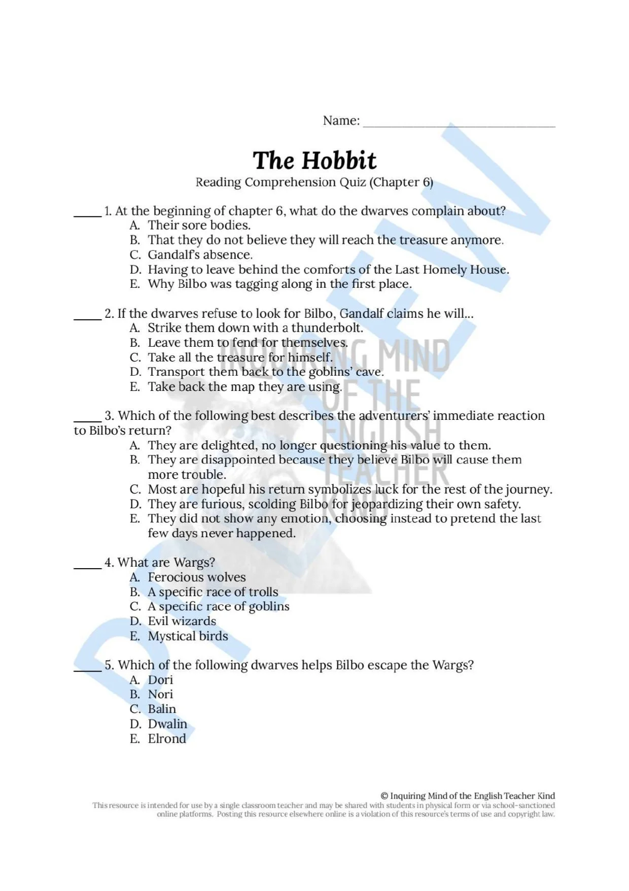 The Hobbit Quiz, Close Reading, and Vocabulary Games Bundle (Chapters 6 ...