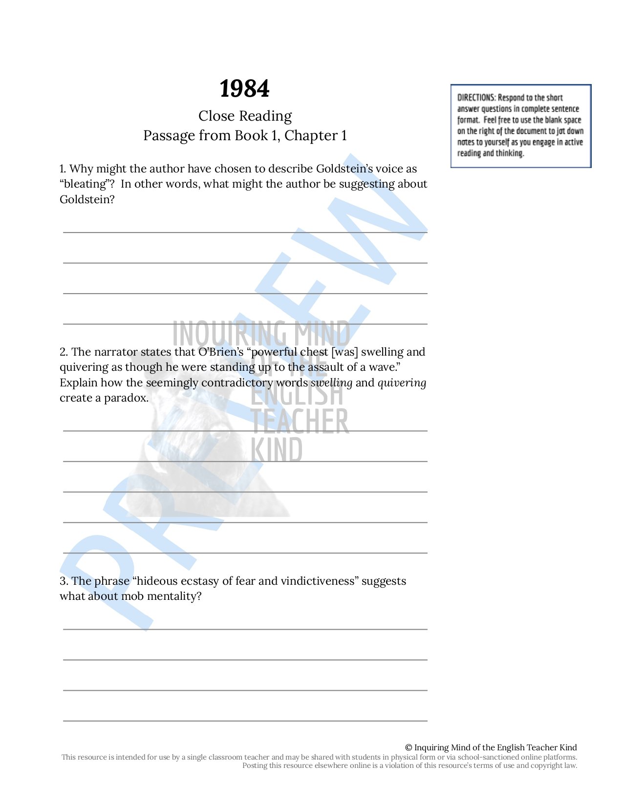 1984 Book 1 Quiz, Close Reading, Vocabulary Games, and Answer Keys ...