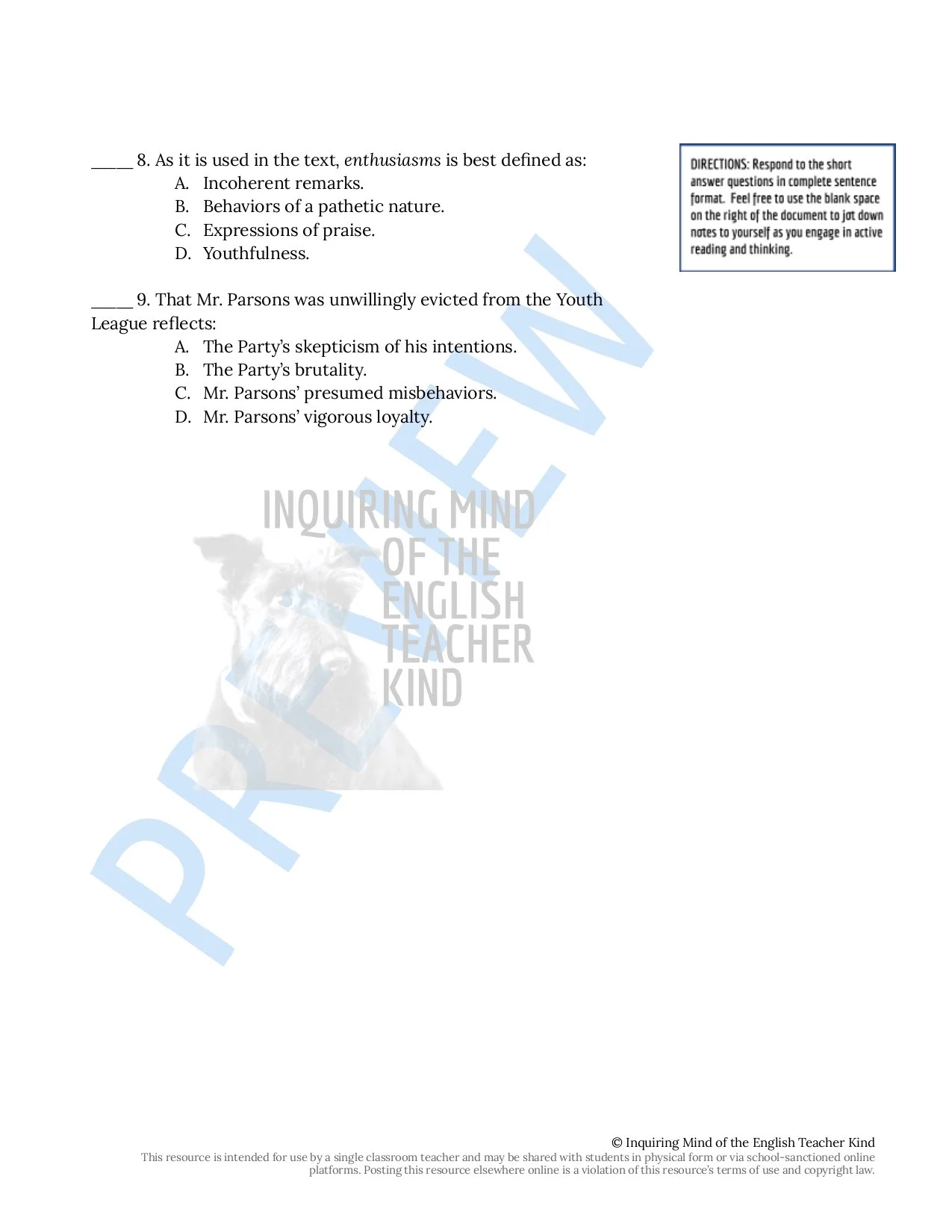 1984 Book 1 Quiz, Close Reading, Vocabulary Games, and Answer Keys ...