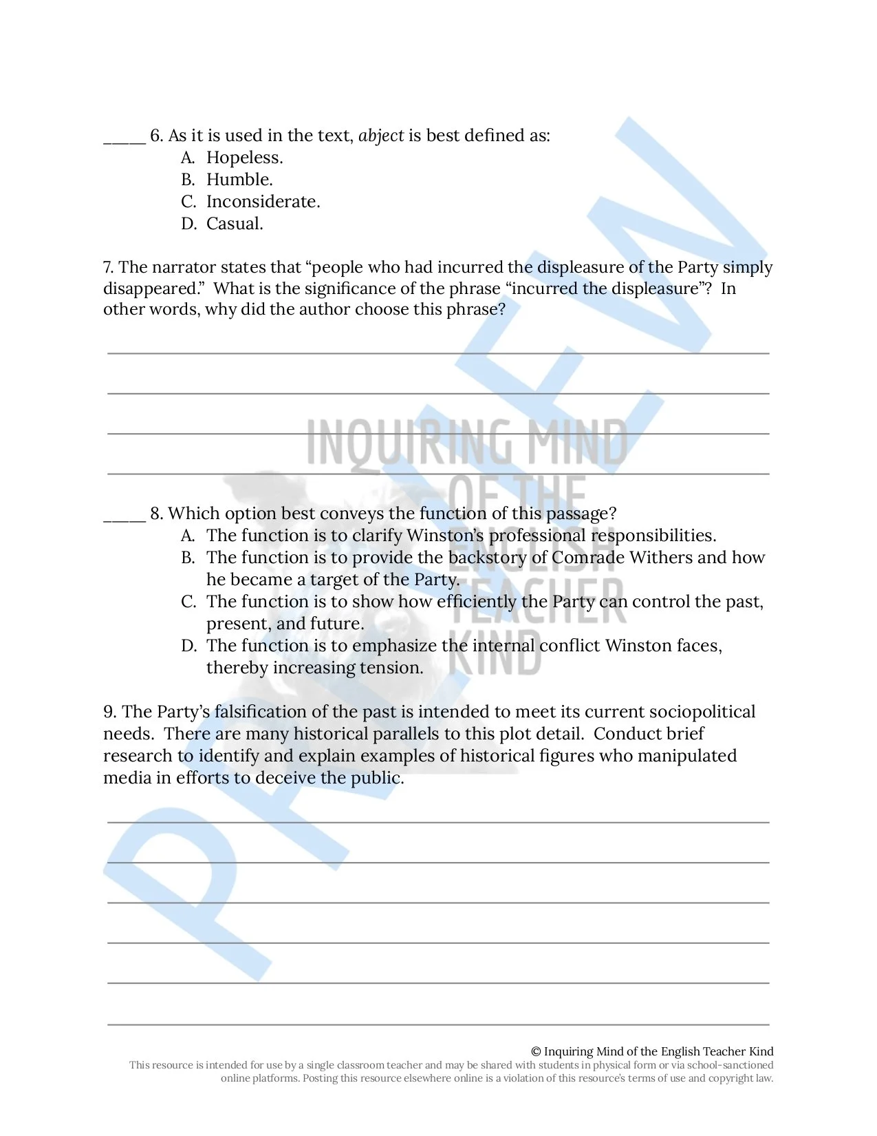1984 Book 1 Quiz, Close Reading, Vocabulary Games, and Answer Keys ...