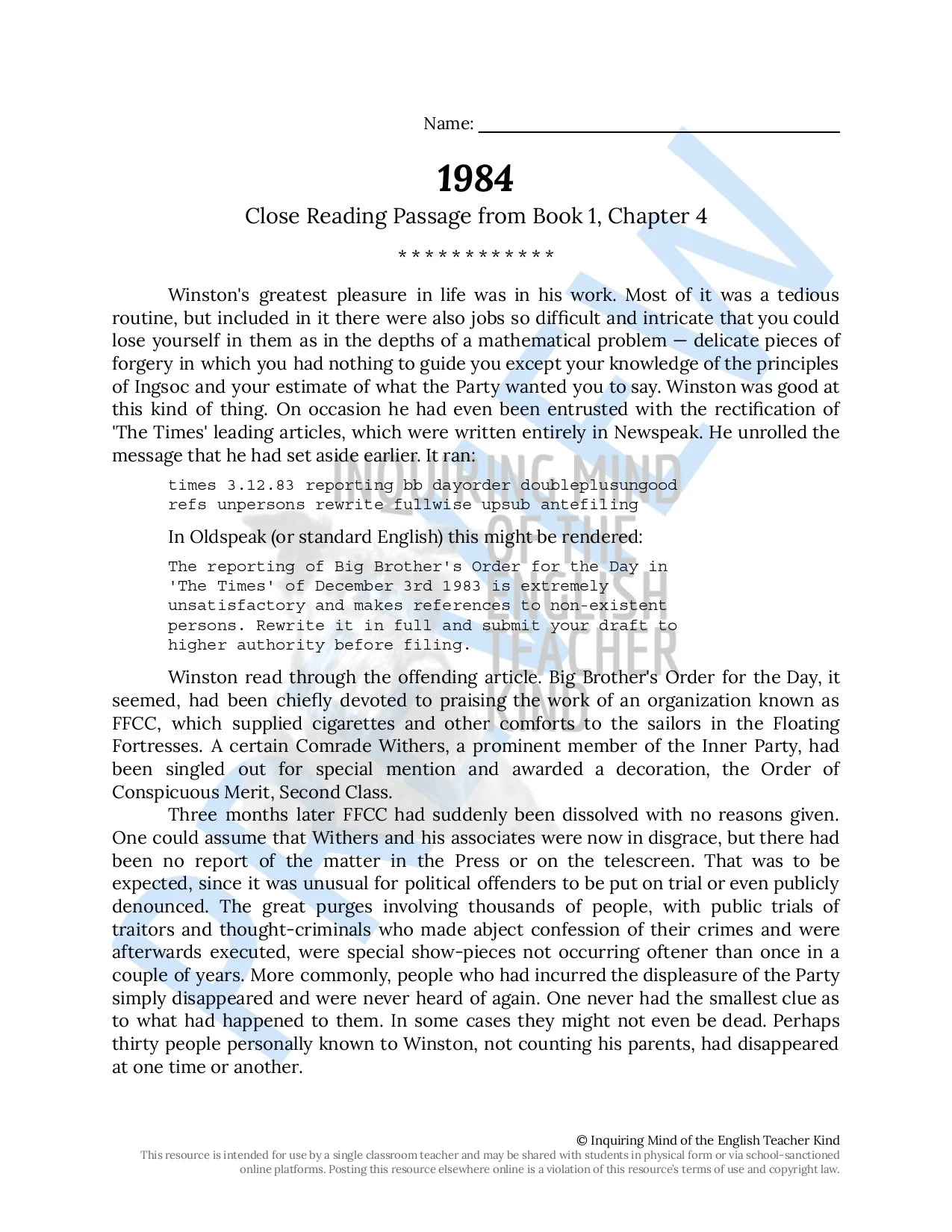 1984 Book 1 Quiz, Close Reading, Vocabulary Games, and Answer Keys ...