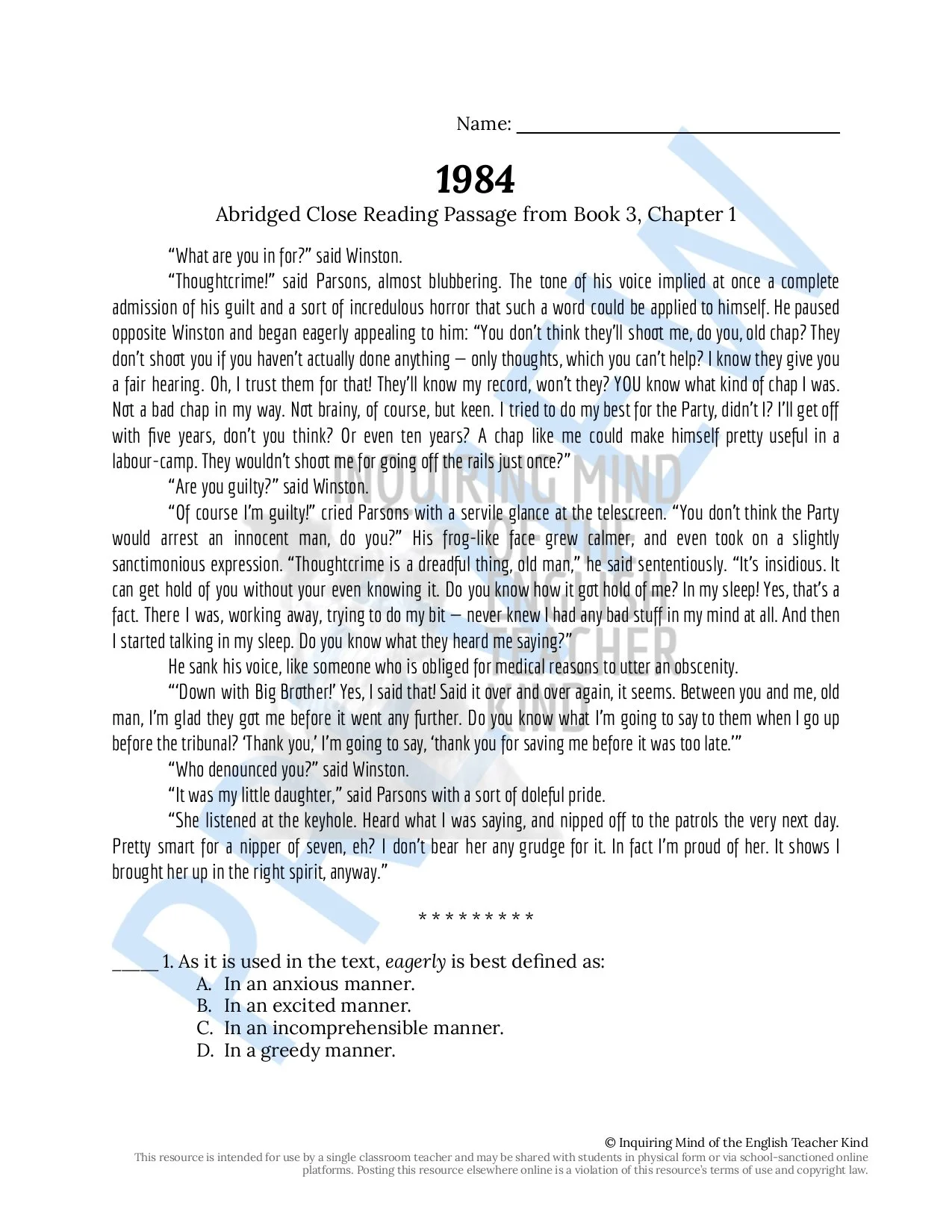 1984 Book 1 Quiz, Close Reading, Vocabulary Games, and Answer Keys ...