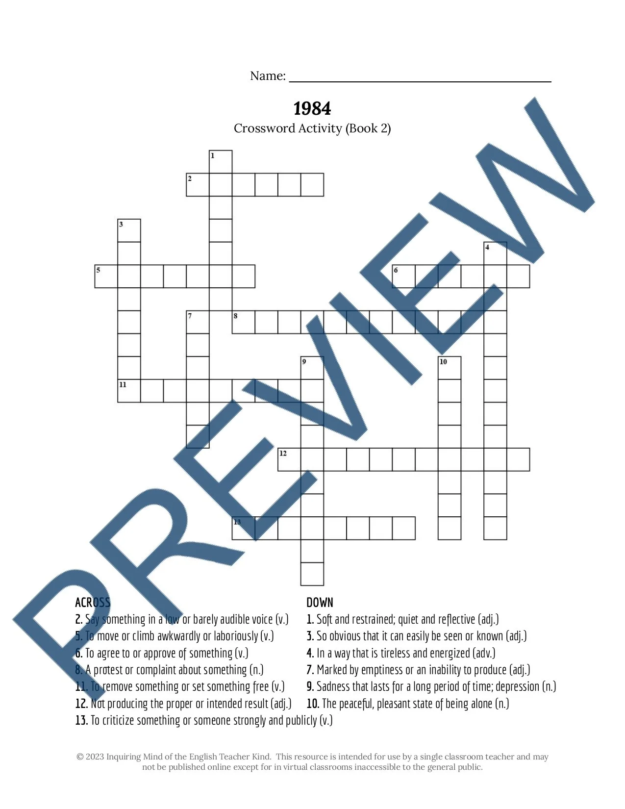 1984 by George Orwell Vocabulary Development Games and Activities ...