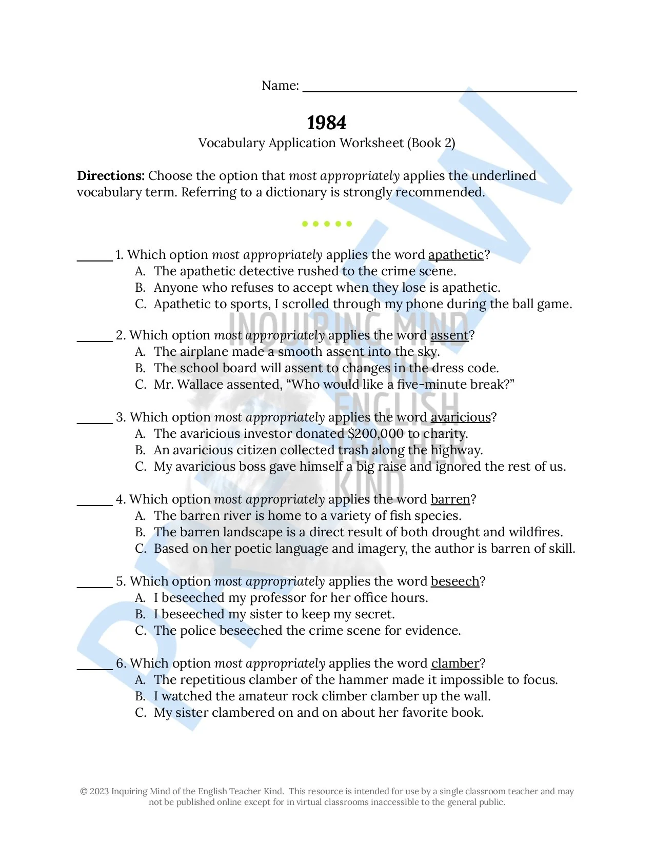 1984 by George Orwell Vocabulary Development Games and Activities ...