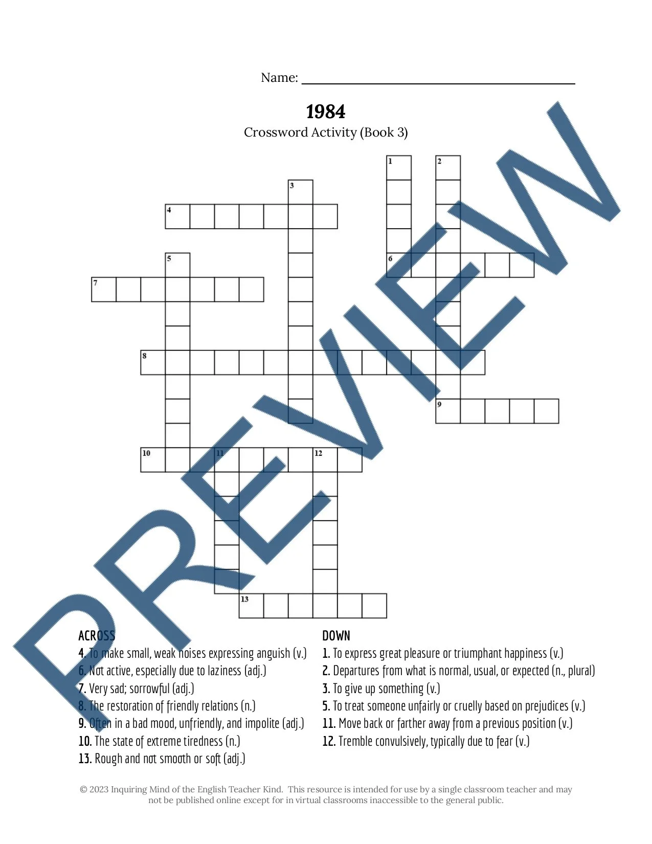 1984 by George Orwell Vocabulary Development Games and Activities ...