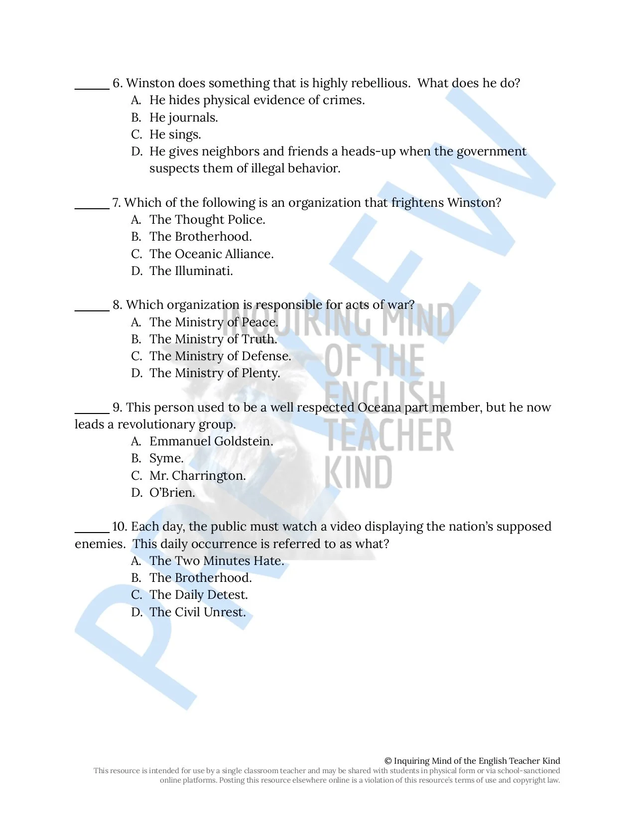 1984 by George Orwell Quiz and Answer Key Bundle for High School ...