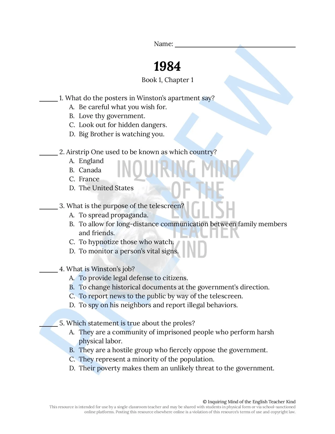 1984 by George Orwell Quiz and Answer Key Bundle for High School ...