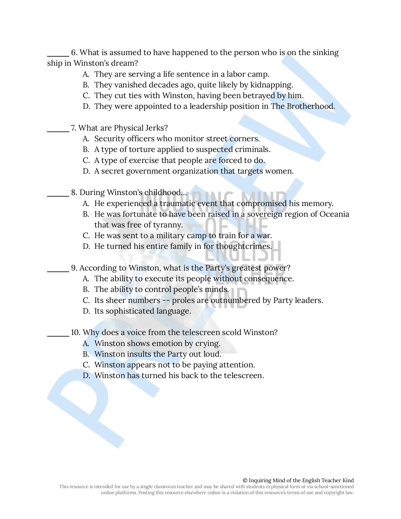 1984 by George Orwell Quiz and Answer Key Bundle for High School ...