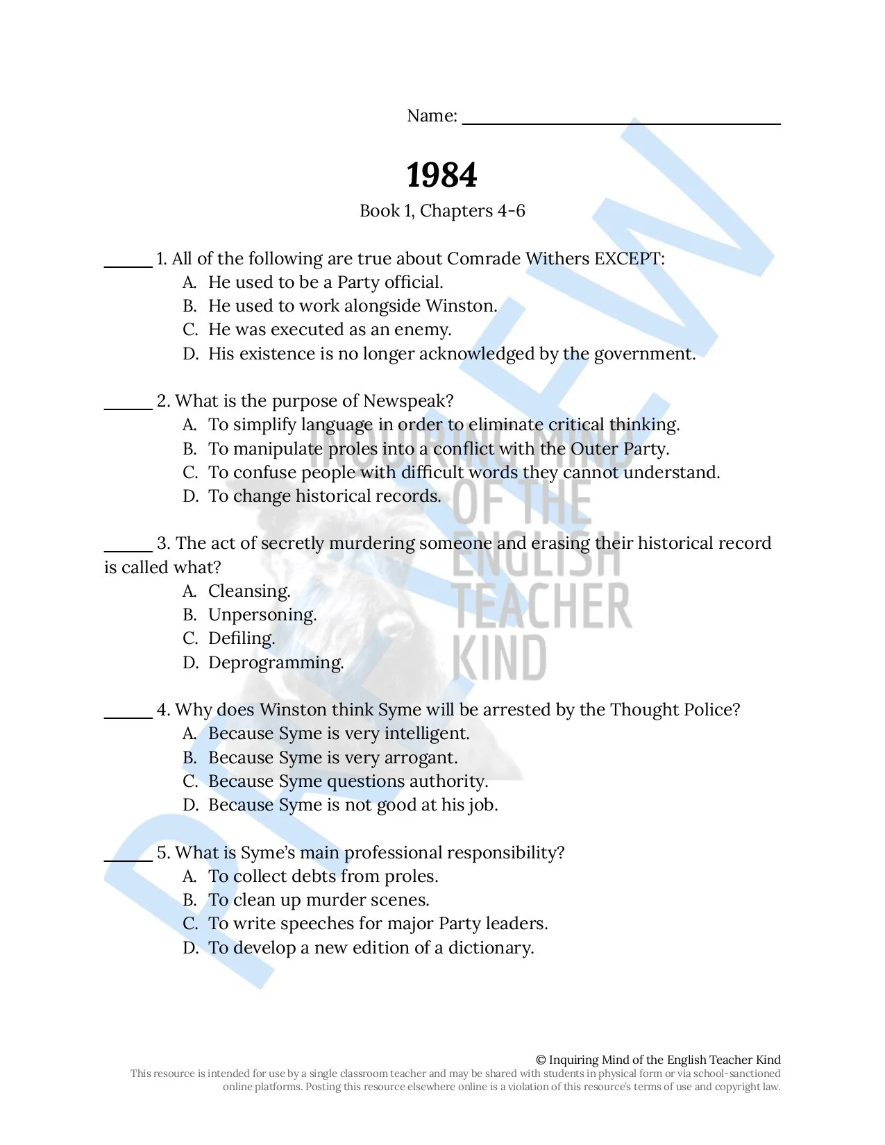 1984 Book 1 Quiz, Close Reading, Vocabulary Games, and Answer Keys ...