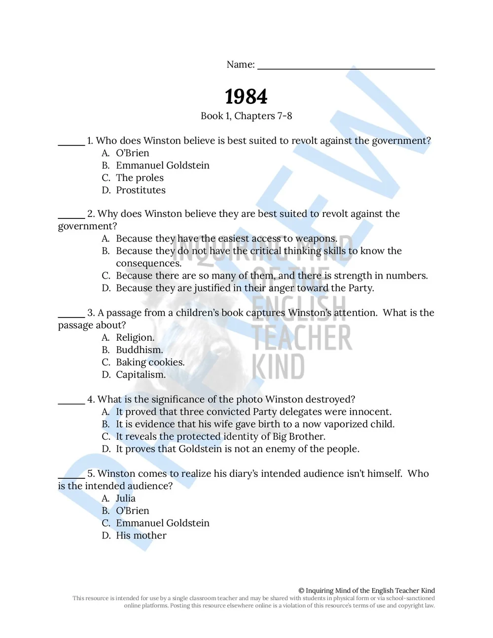 1984 Book 1 Quiz, Close Reading, Vocabulary Games, and Answer Keys ...