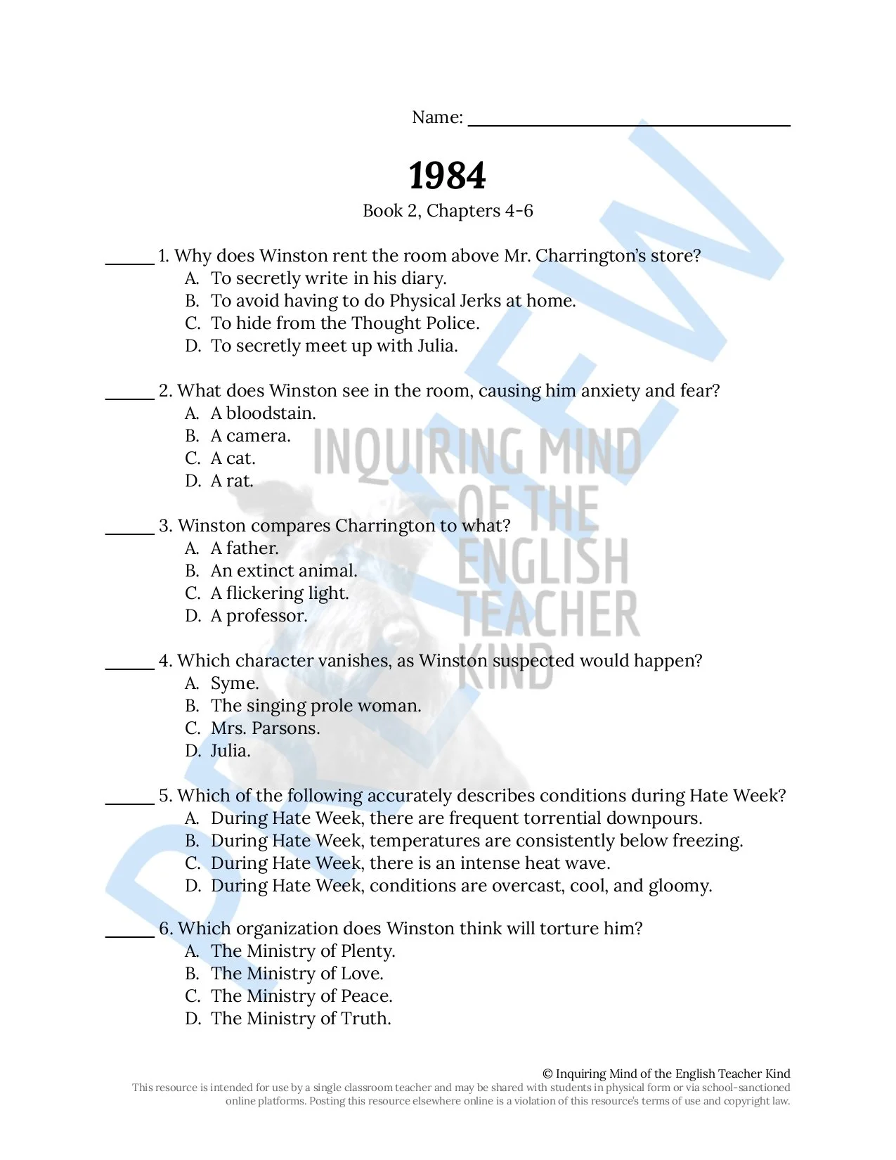 1984 by George Orwell Test and Answer Key for High School — Inquiring ...