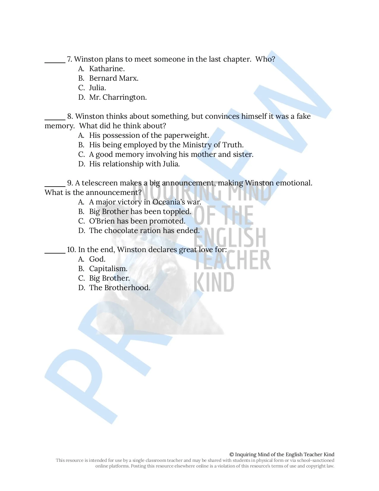1984 by George Orwell Quiz and Answer Key Bundle for High School ...