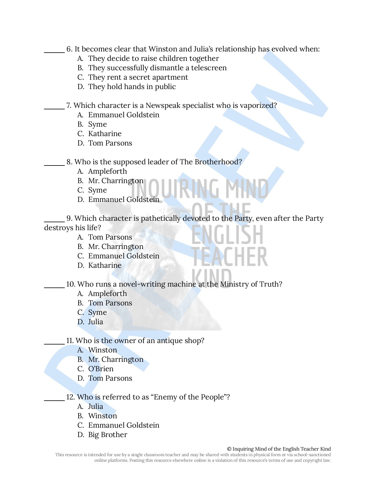 1984 by George Orwell Test and Answer Key for High School — Inquiring ...