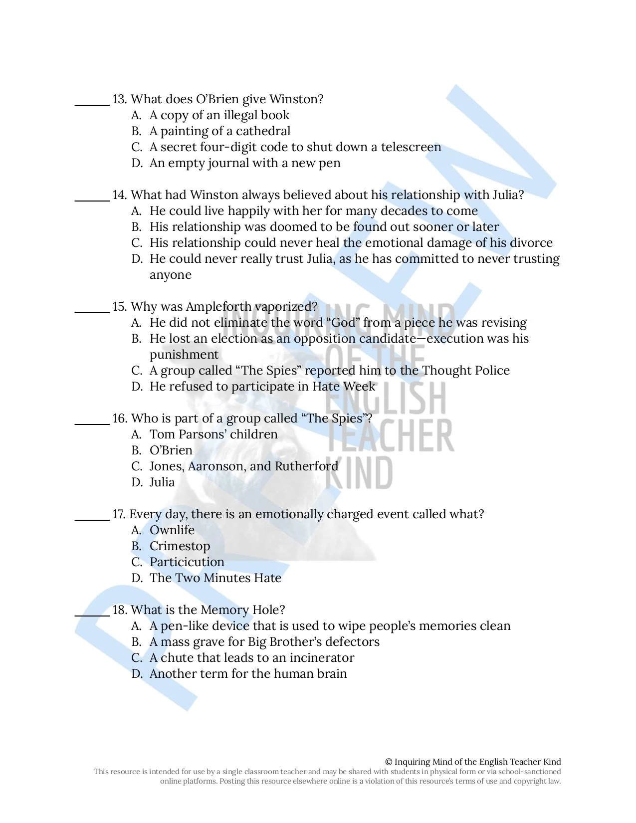 1984 by George Orwell Test and Answer Key for High School — Inquiring ...