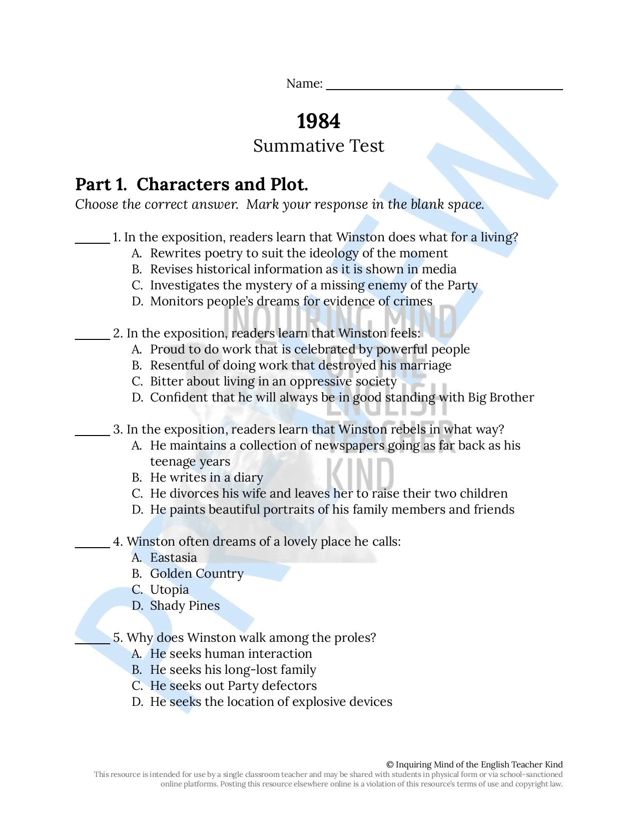 1984 by George Orwell Test and Answer Key for High School — Inquiring ...