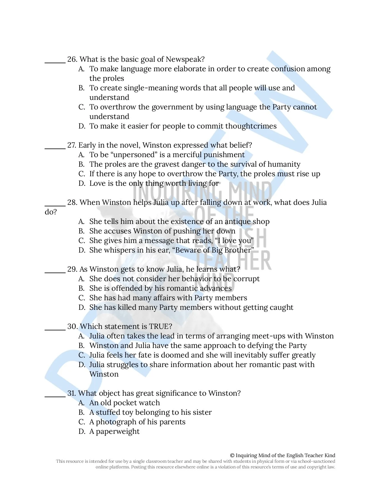 1984 by George Orwell Test and Answer Key for High School — Inquiring ...