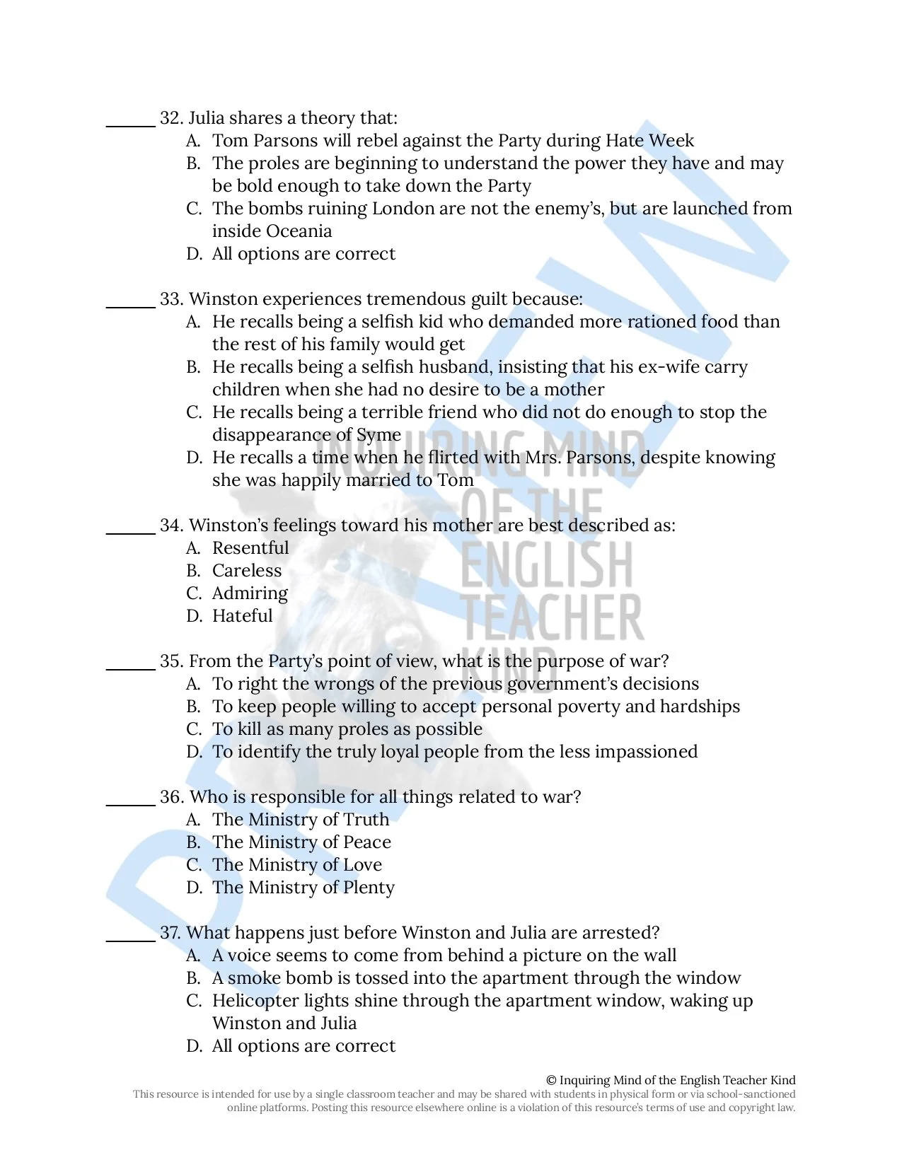 1984 by George Orwell Test and Answer Key for High School — Inquiring ...
