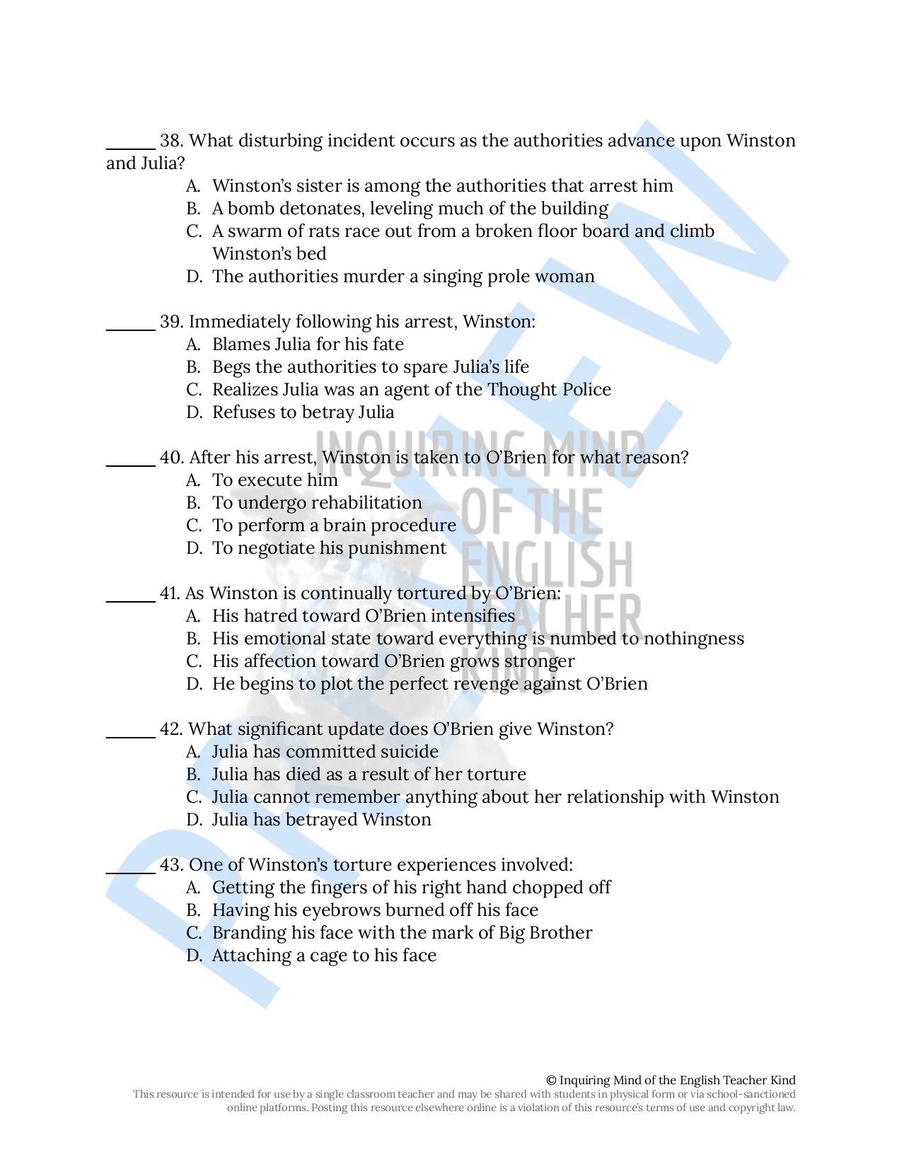 1984 by George Orwell Test and Answer Key for High School — Inquiring ...