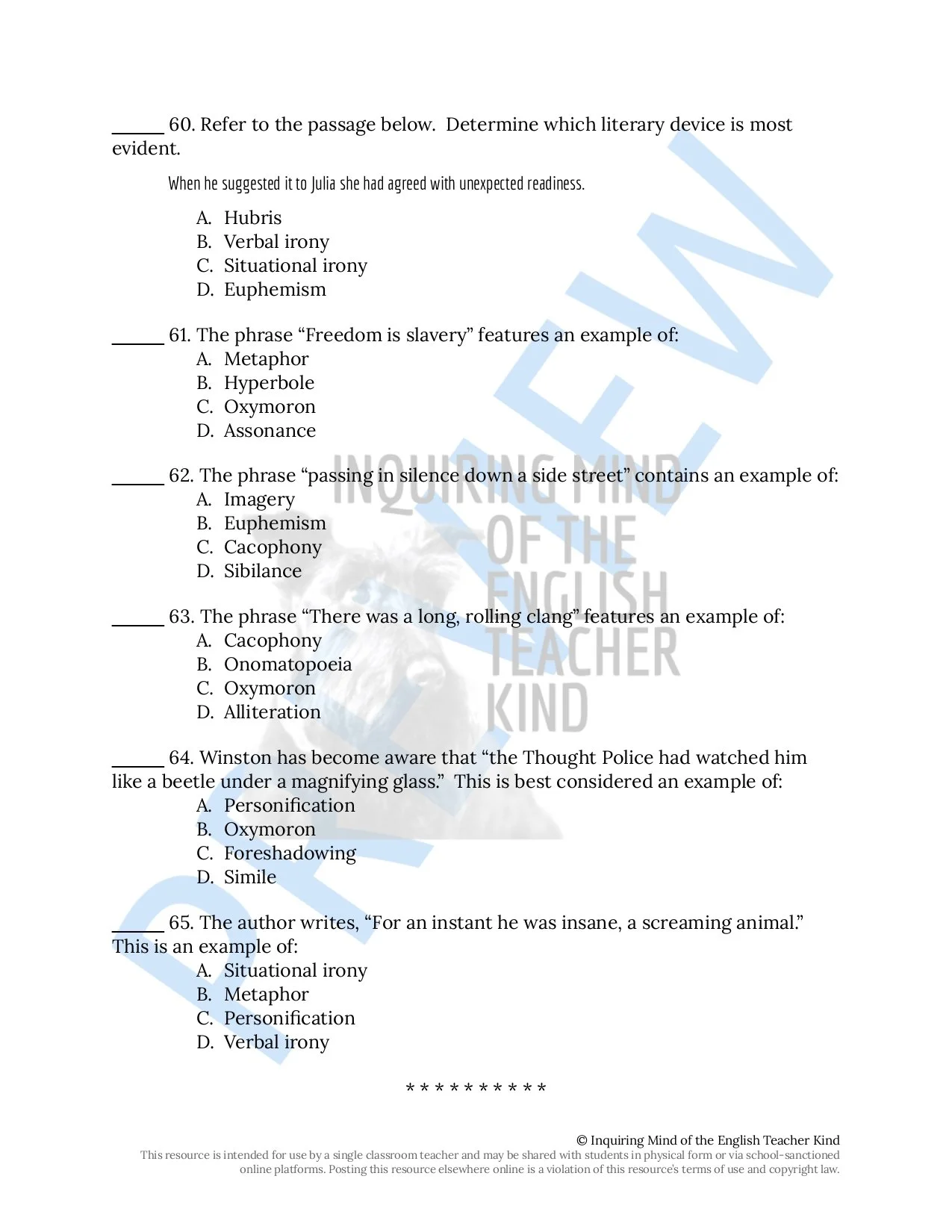 1984 by George Orwell Test and Answer Key for High School — Inquiring ...