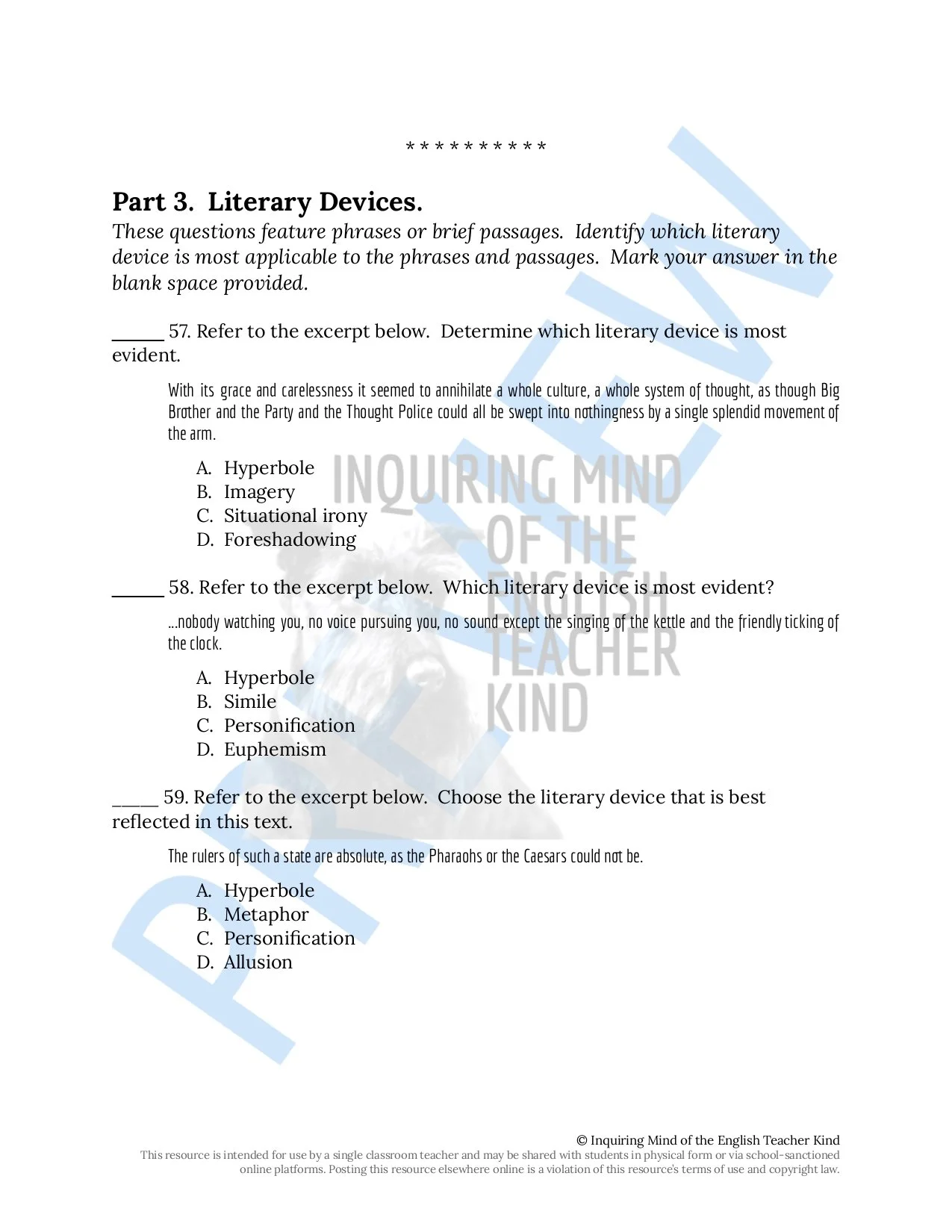 1984 by George Orwell Test and Answer Key for High School — Inquiring ...