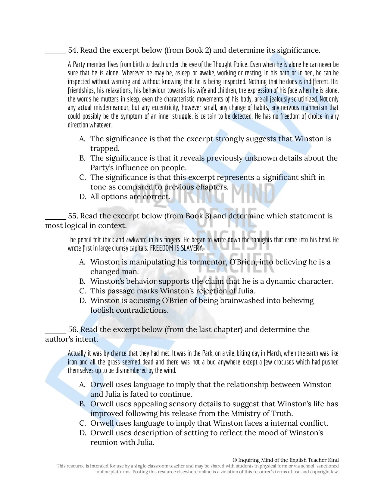 1984 by George Orwell Test and Answer Key for High School — Inquiring ...