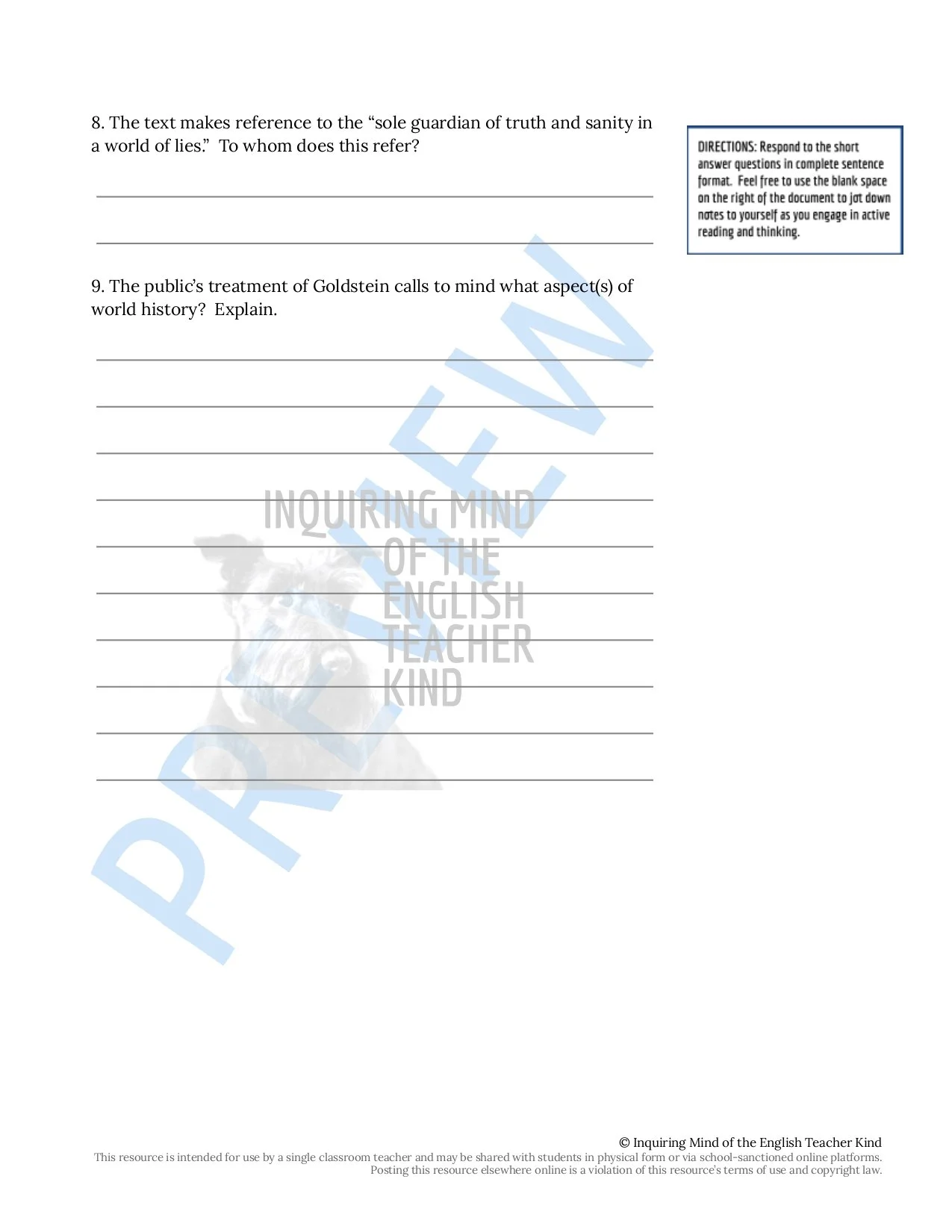 1984 by George Orwell Close Reading Analysis Worksheets Bundle for High ...