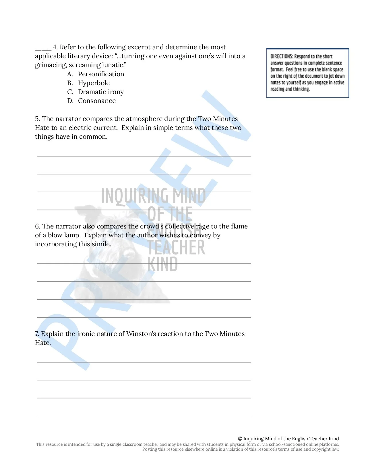 1984 by George Orwell Close Reading Analysis Worksheets Bundle for High ...