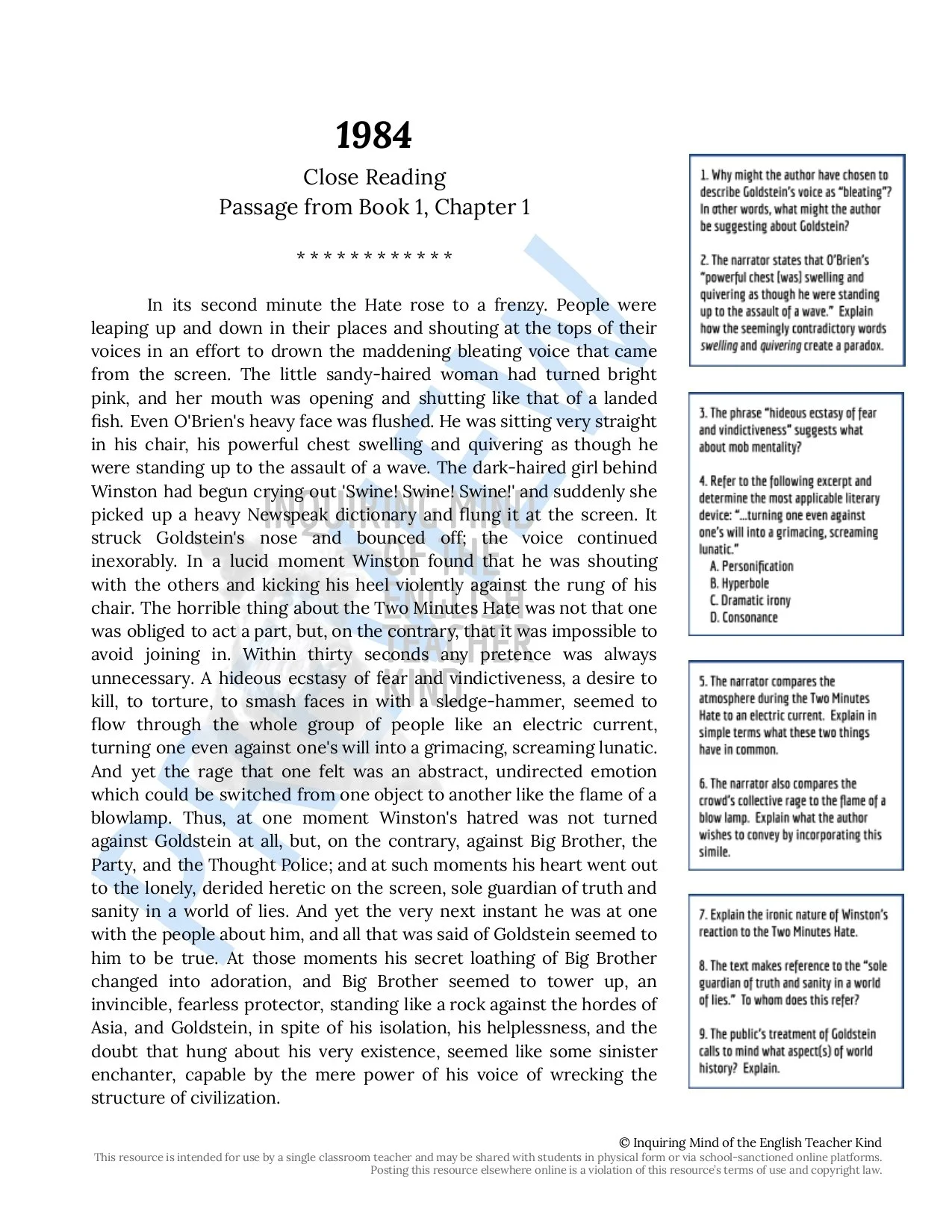 1984 by George Orwell Close Reading Analysis Worksheets Bundle for High School — Inquiring Mind ...