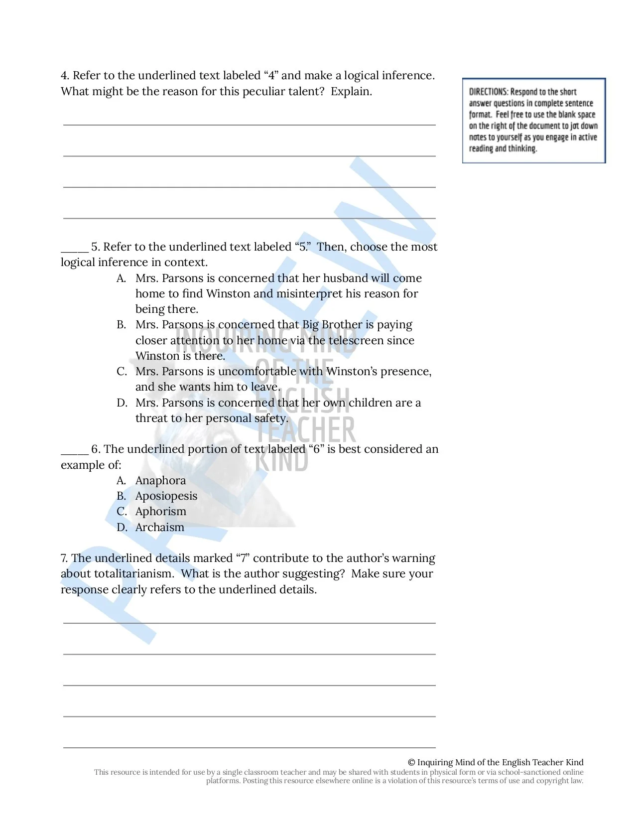 1984 by George Orwell Close Reading Analysis Worksheets Bundle for High School — Inquiring Mind ...