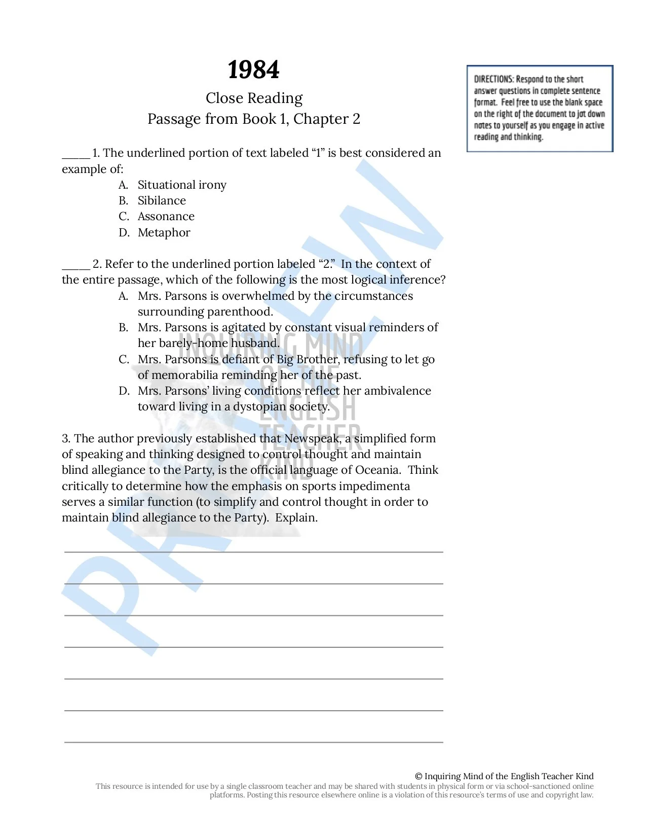 1984 by George Orwell Close Reading Analysis Worksheets Bundle for High School — Inquiring Mind ...