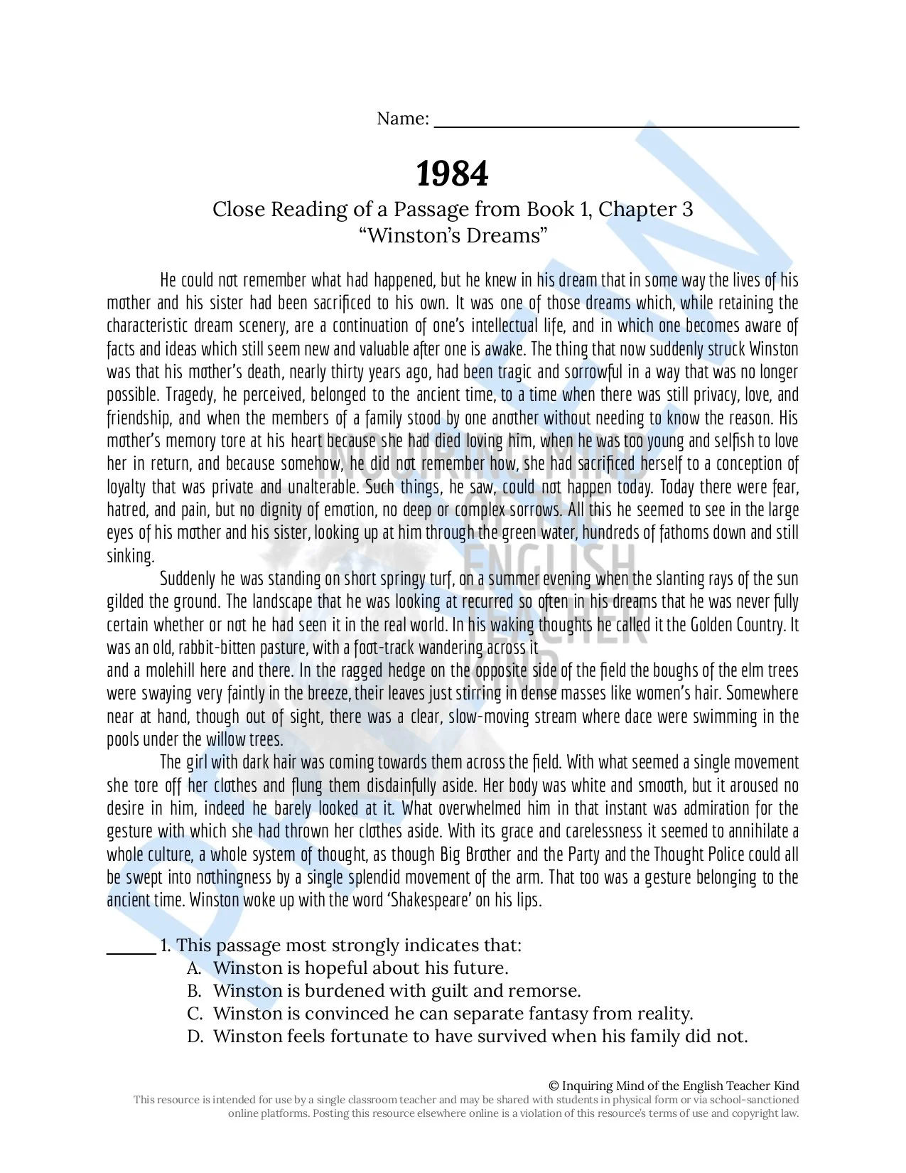 1984 by George Orwell Close Reading Analysis Worksheets Bundle for High School — Inquiring Mind ...