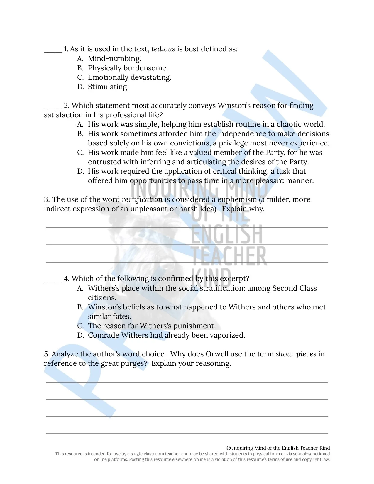 1984 by George Orwell Close Reading Analysis Worksheets Bundle for High ...