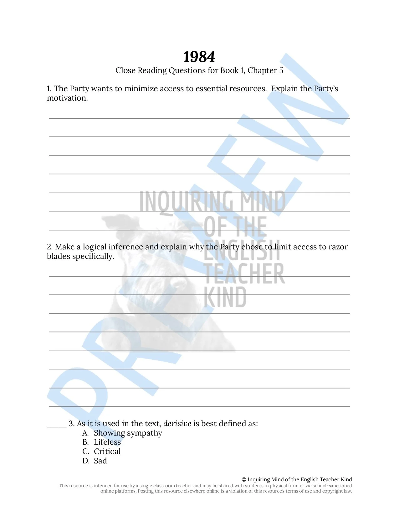 1984 by George Orwell Close Reading Analysis Worksheets Bundle for High School — Inquiring Mind ...