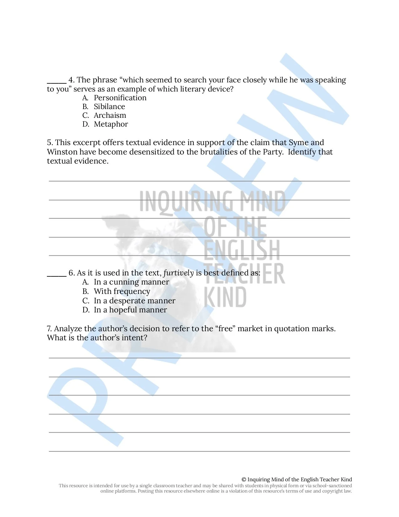 1984 by George Orwell Close Reading Analysis Worksheets Bundle for High School — Inquiring Mind ...