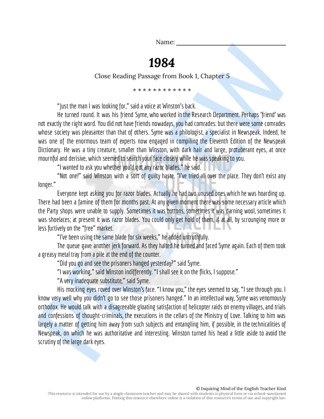 1984 by George Orwell Close Reading Analysis Worksheets Bundle for High School — Inquiring Mind ...